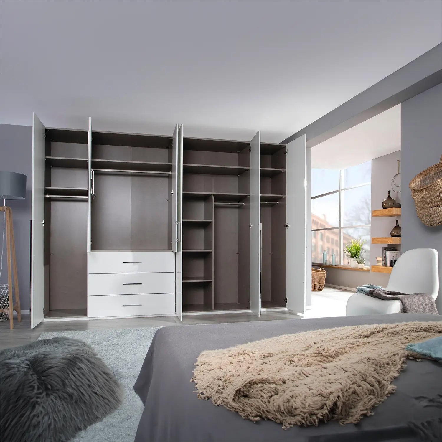 Get Rauch Montclar White High Gloss 6 Door Wardrobe with Drawers Pendle Village Furniture
